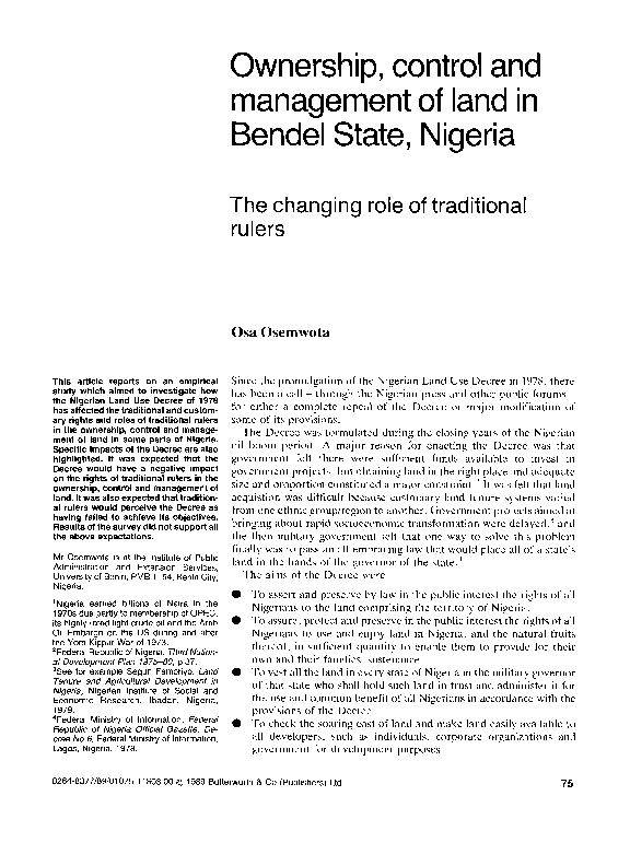 (PDF) Ownership, control and management of land in Bendel State, Nigeria