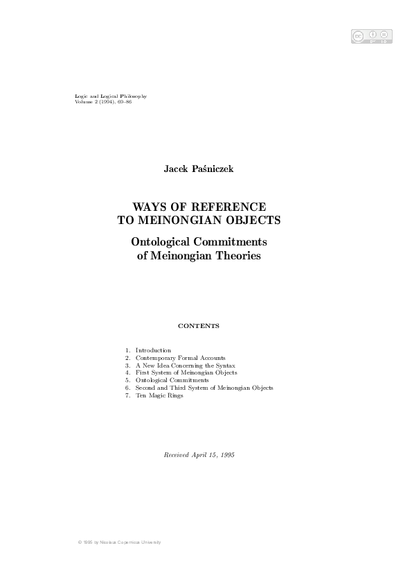 (PDF) Ways of reference to Meinongian objects. Ontological commitments of Meinongian theories