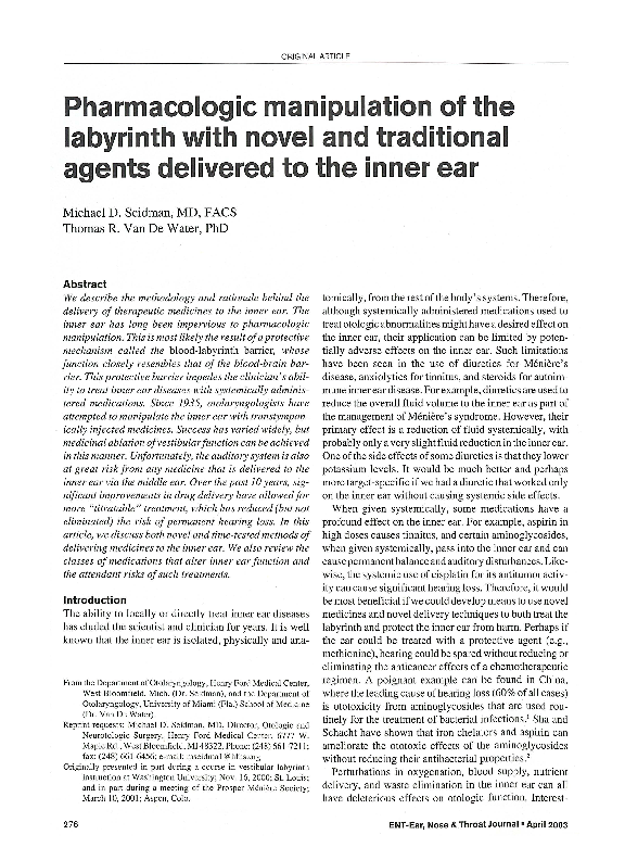 (PDF) Pharmacologic manipulation of the labyrinth with novel and ...