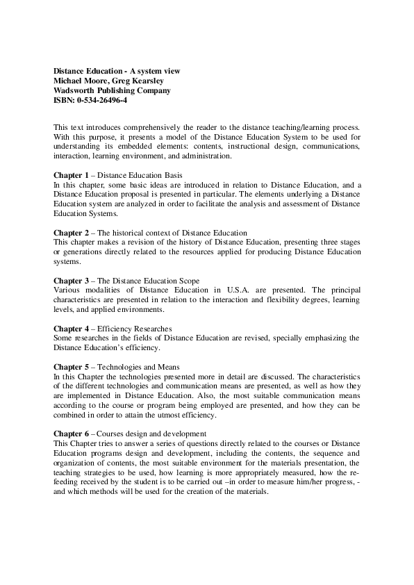 (PDF) Distance education. A system view by Michael Moore - Greg ...
