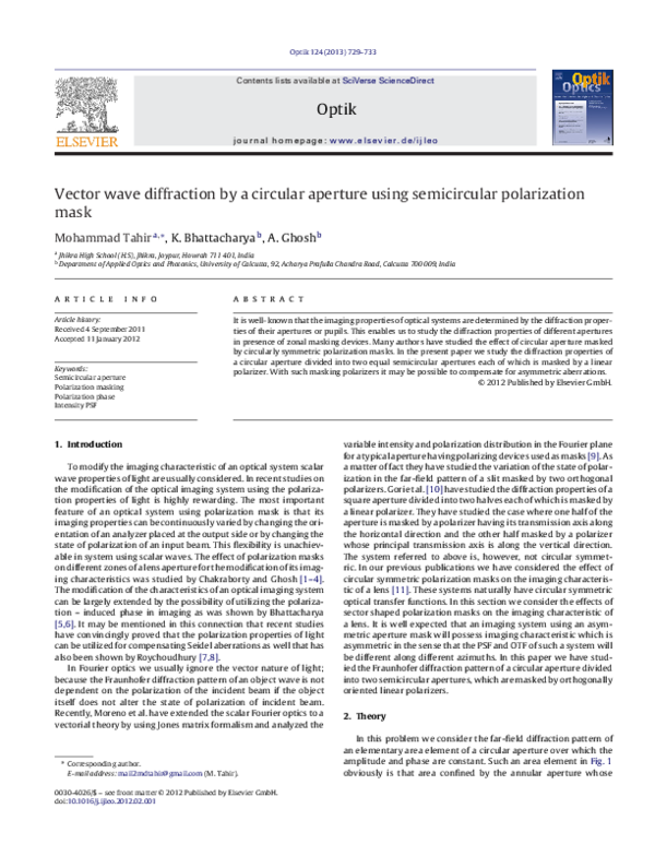 Pdf Vector Wave Diffraction By A Circular Aperture Using Semicircular Polarization Mask