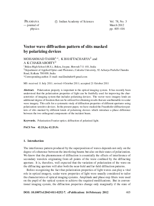 Pdf Vector Wave Diffraction Pattern Of Slits Masked By Polarizing Devices