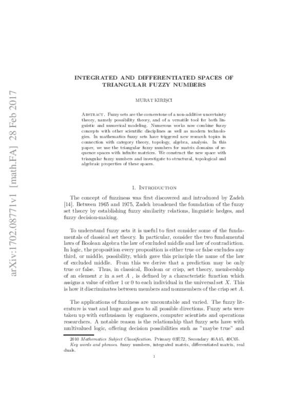 (PDF) Integrated and Differentiated Spaces of Triangular Fuzzy Numbers