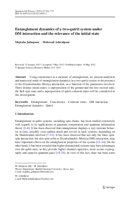 (PDF) Entanglement dynamics of a two-qutrit system under DM interaction and the relevance of the ...