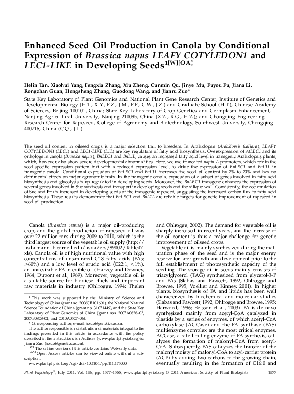 (PDF) Enhanced Seed Oil Production in Canola by Conditional Expression ...