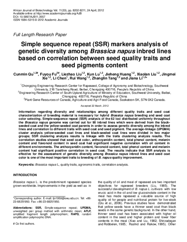 Pdf Ssr Analysis Of Genetic Diversity In Brassica Napus Inbreds 