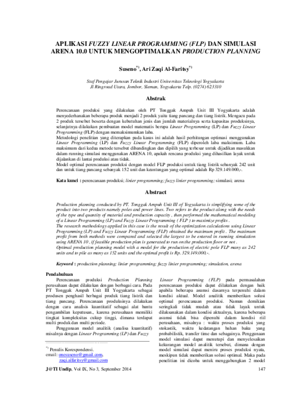 (PDF) Aplikasi Fuzzy Linear Programming (FLP) Dan Simulasi Arena 10.0 Untuk Mengoptimalkan ...
