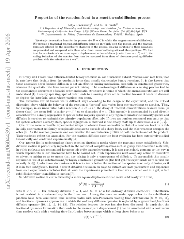 Pdf Properties Of The Reaction Front In A Reaction Subdiffusion Process