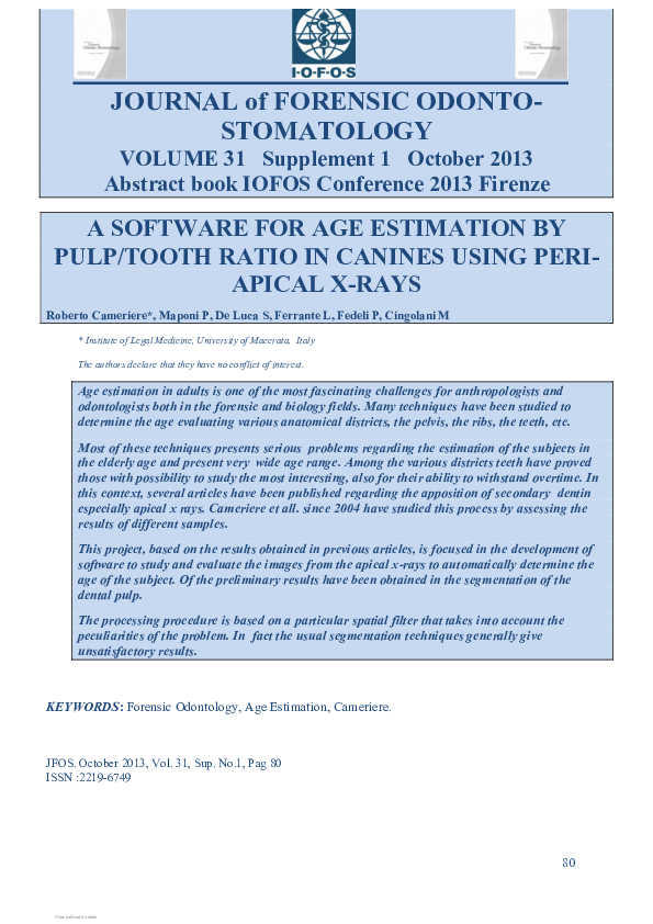 (PDF) A software for age estimation by pulp/tooth ratio in canines using peri-apical X-rays
