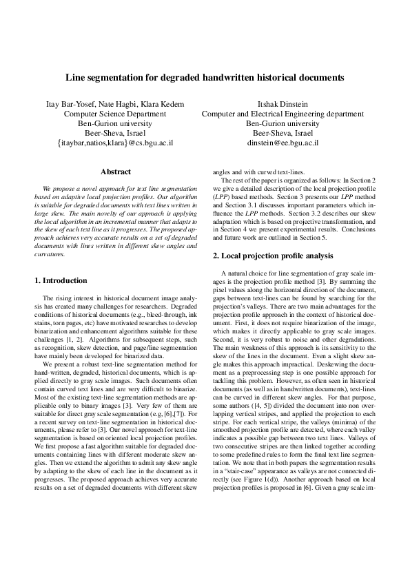 (PDF) Line Segmentation for Degraded Handwritten Historical Documents