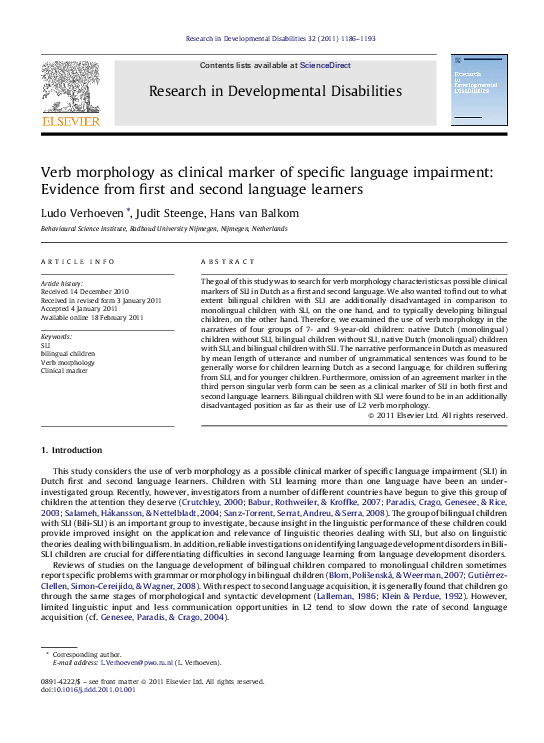 (PDF) Verb morphology as clinical marker of specific language impairment: Evidence from first ...