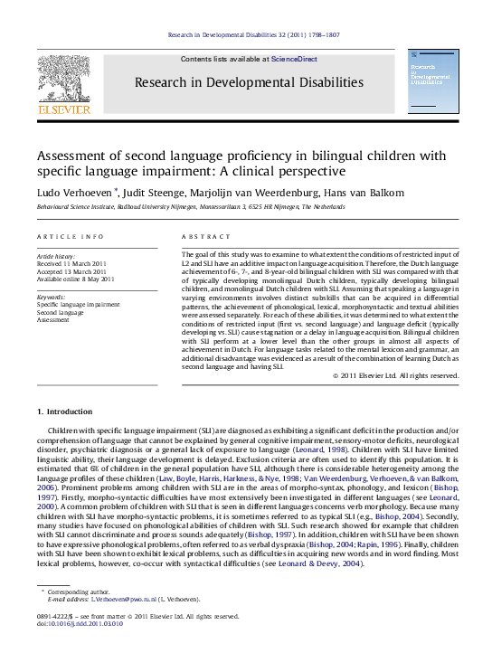 (PDF) Assessment of second language proficiency in bilingual children with specific language ...