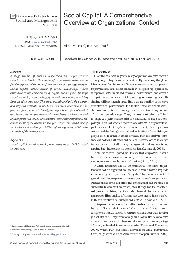 (PDF) Social Capital: A Comprehensive Overview at Organizational Context