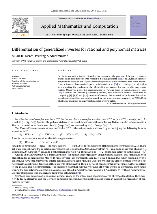 (PDF) Differentiation of generalized inverses for rational and polynomial matrices