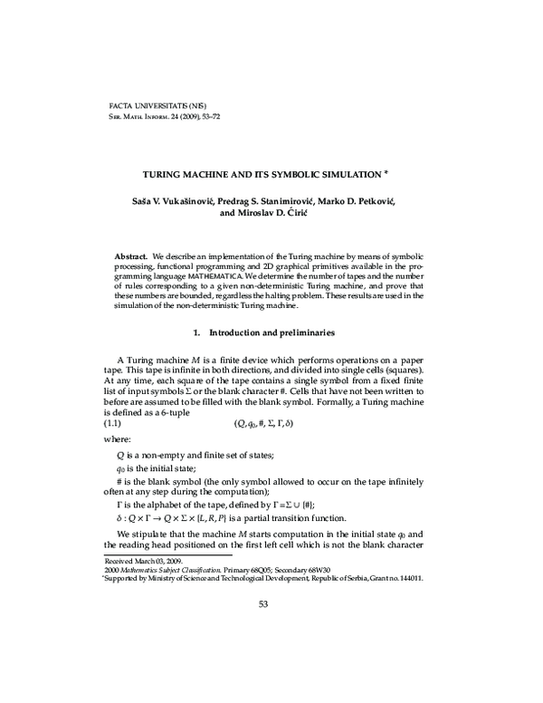 (PDF) Turing machine and its symbolic implementation