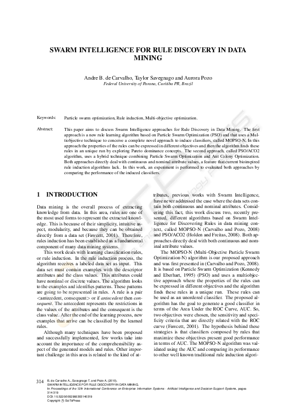 (PDF) Swarm Intelligence for Rule Discovery in Data Mining