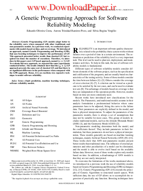 (PDF) A Genetic Programming Approach for Software Reliability Modeling