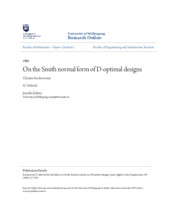(PDF) On the Smith normal form of D-optimal designs
