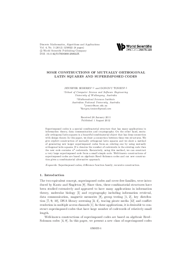 Pdf Some Constructions Of Mutually Orthogonal Latin Squares And Superimposed Codes 