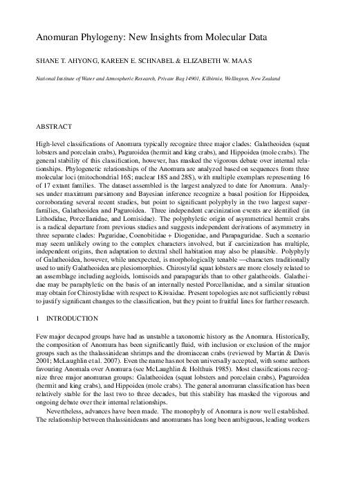 (PDF) Anomuran Phylogeny: New Insights from Molecular Data