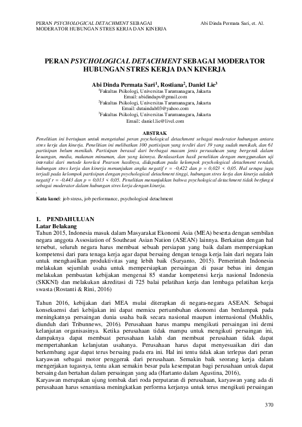 (PDF) Peran Psychological Detachment Sebagai Moderator Hubungan Stres ...
