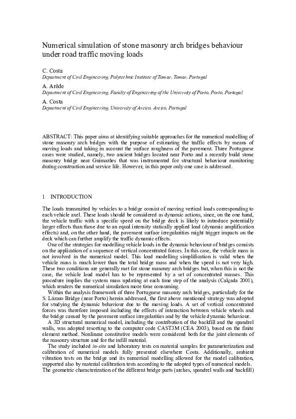 (PDF) Numerical simulation of stone masonry arch bridges behaviour under road traffic moving loads