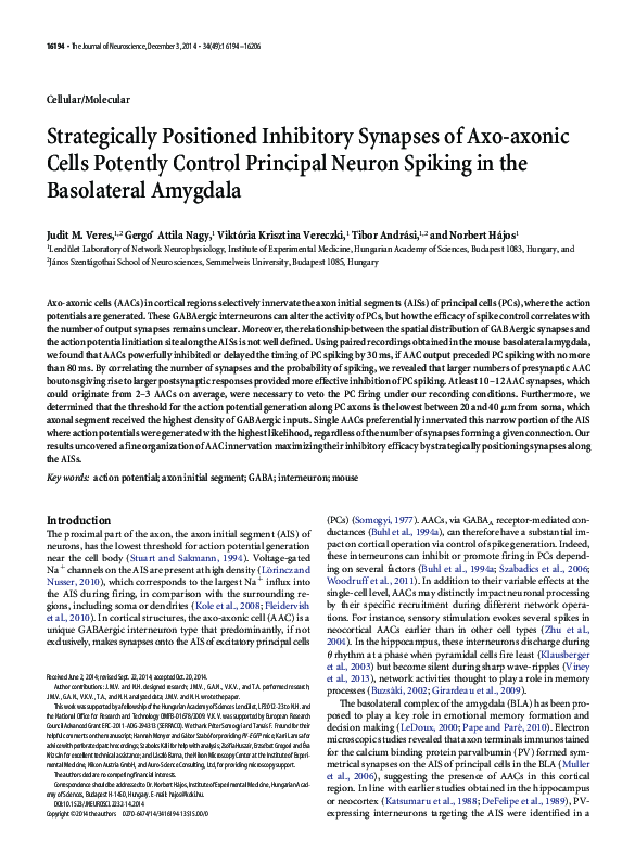 (PDF) Strategically positioned inhibitory synapses of axo-axonic cells potently control ...