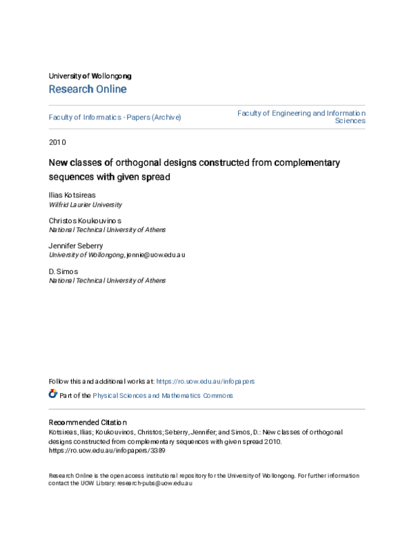 Pdf New Classes Of Orthogonal Designs Constructed From Complementary Sequences With Given Spread