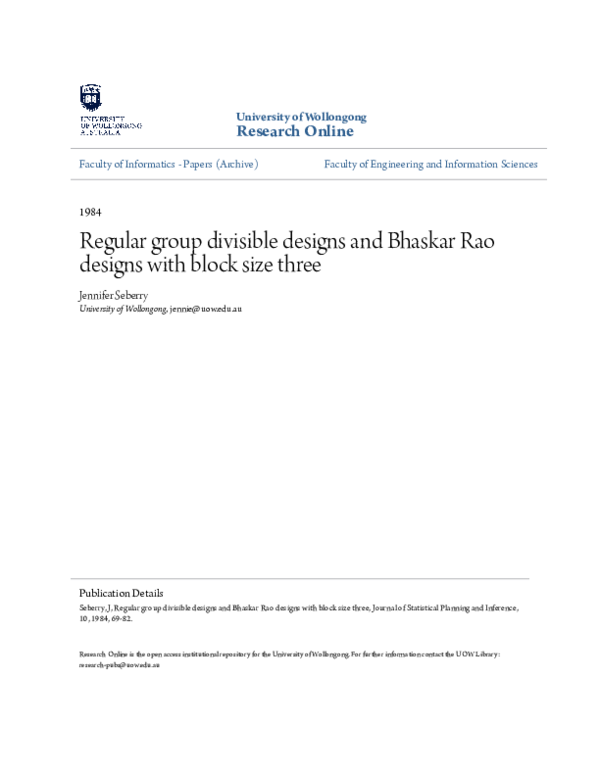 (PDF) Regular group divisible designs and Bhaskar Rao designs with block size three | Jennifer ...