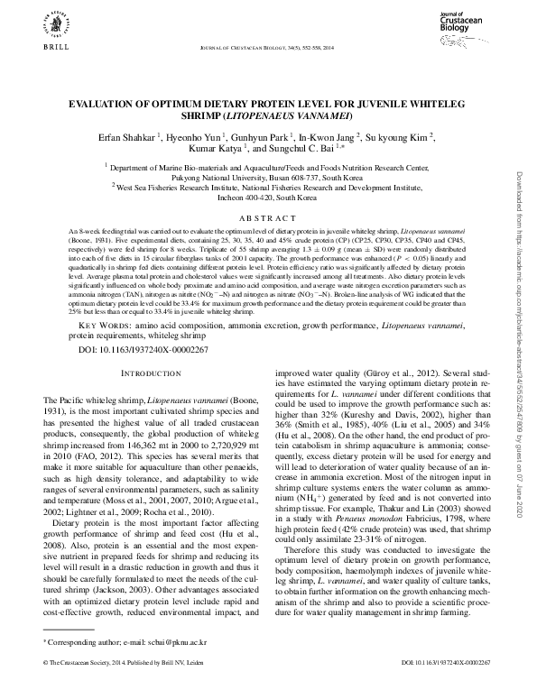 (PDF) Evaluation of optimum dietary protein level for juvenile whiteleg shrimp (Litopenaeus ...