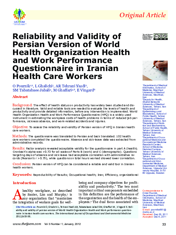 (PDF) Reliability and Validity of Persian Version of World Health ...