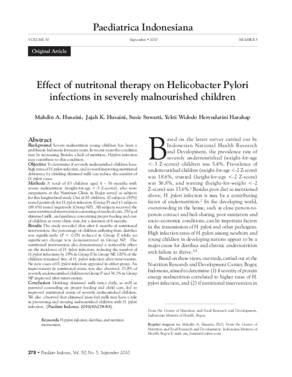 (PDF) Effect of nutritonal therapy on Helicobacter pylori infections in severely malnourished ...
