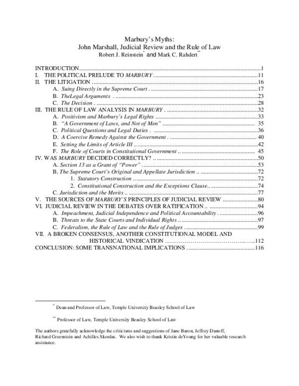 (PDF) Marbury's Myths: John Marshall, Judicial Review and the Rule of Law