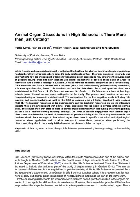 (PDF) Animal Organ Dissections in High Schools: Is There More than just ...