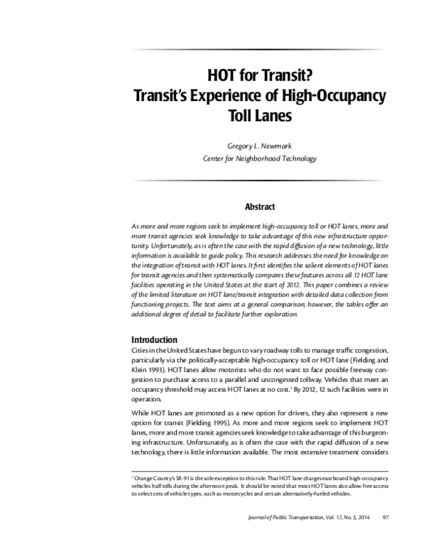 (PDF) HOT for Transit? Transit’s Experience of High-Occupancy Toll Lanes
