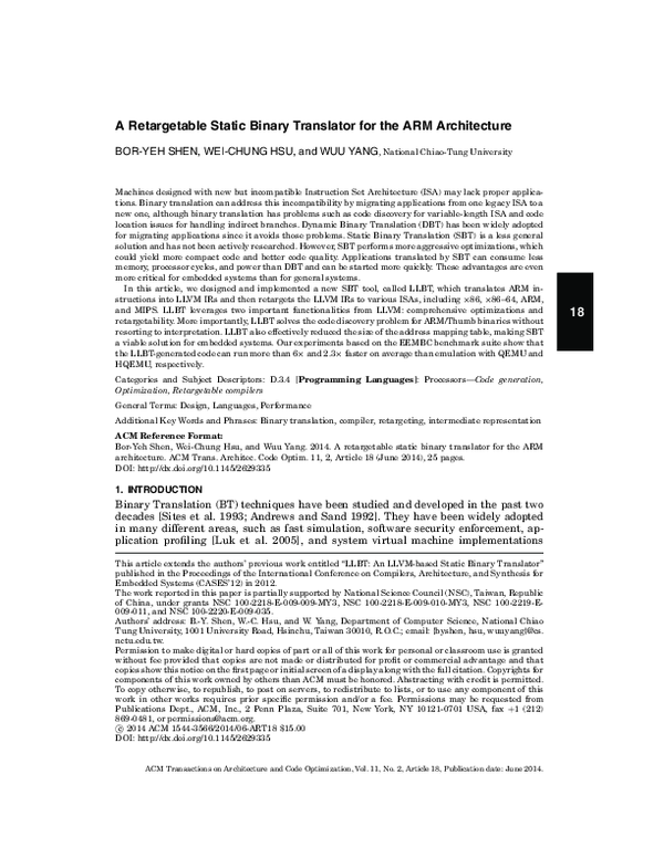 Pdf A Retargetable Static Binary Translator For The Arm Architecture