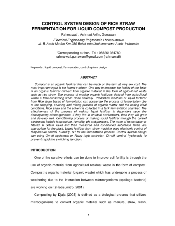 (PDF) Control System Design of Rice Straw Fermentation for Liquid ...