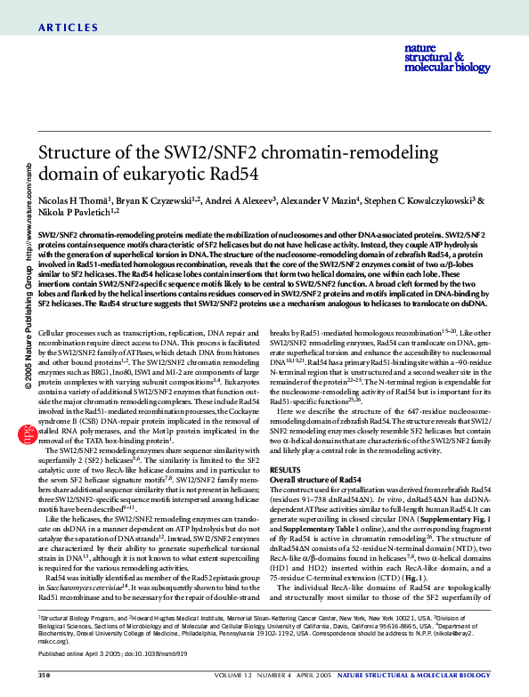 (PDF) Structure of the SWI2/SNF2 chromatin-remodeling domain of ...