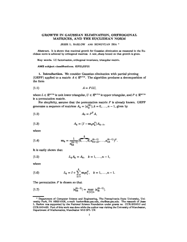 Pdf Growth In Gaussian Elimination Orthogonal Matrices And The Euclidean Norm Jesse Barlow
