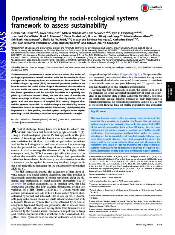 (PDF) Operationalizing the social-ecological systems framework to assess sustainability