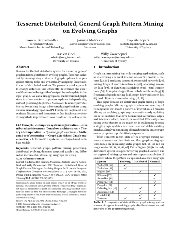 Pdf Tesseract Distributed General Graph Pattern Mining On Evolving
