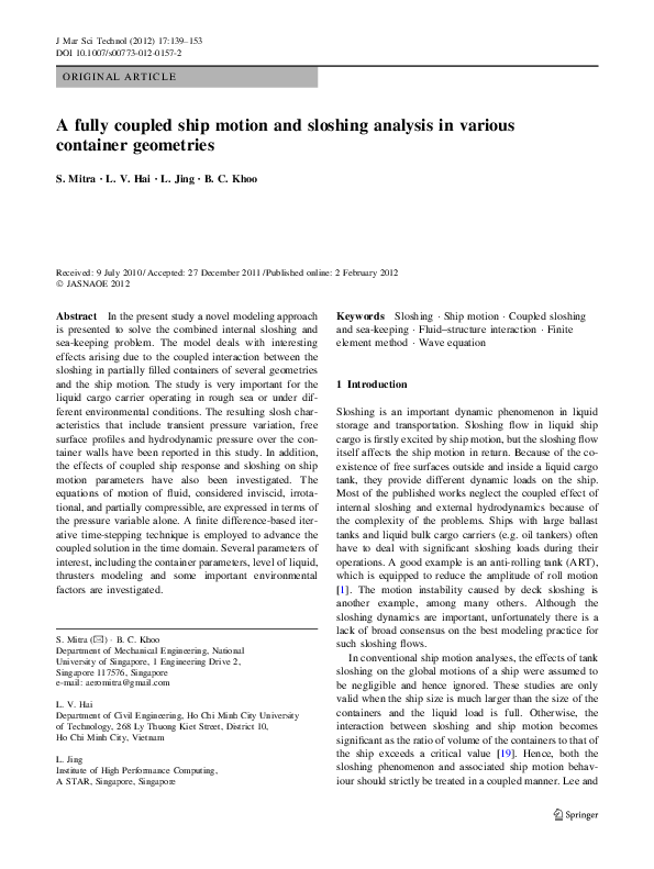 (PDF) A fully coupled ship motion and sloshing analysis in various ...