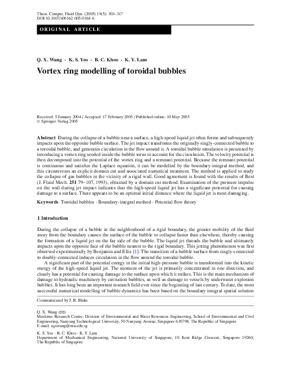 (PDF) Vortex ring modelling of toroidal bubbles