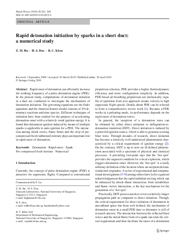 (PDF) Rapid detonation initiation by sparks in a short duct: a ...
