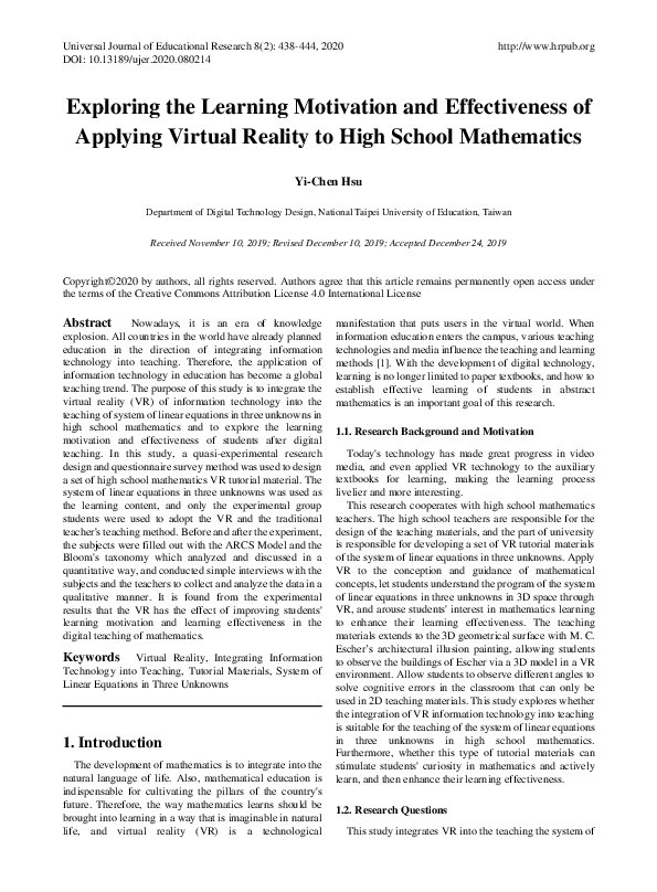 Pdf Exploring The Learning Motivation And Effectiveness Of Applying Virtual Reality To High