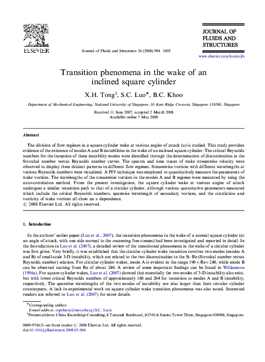 (PDF) Transition phenomena in the wake of an inclined square cylinder