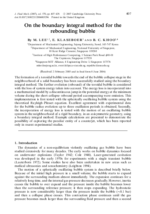 (PDF) On the boundary integral method for the rebounding bubble | Khoo Boo Cheong - Academia.edu