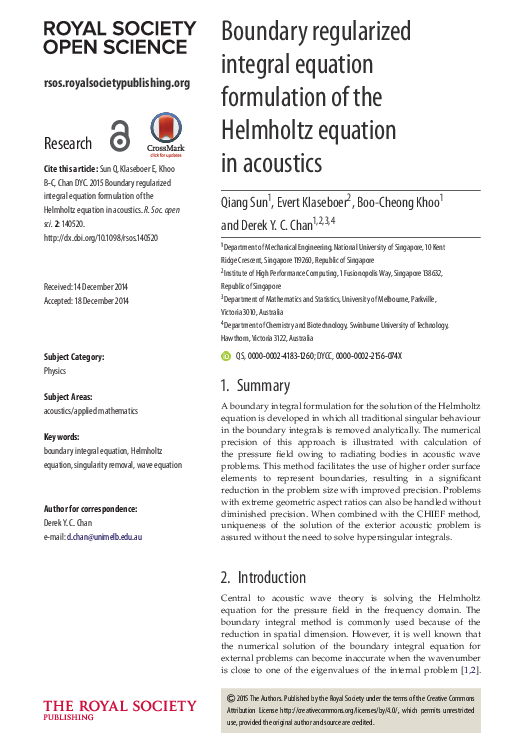 (PDF) Boundary regularized integral equation formulation of the Helmholtz equation in acoustics