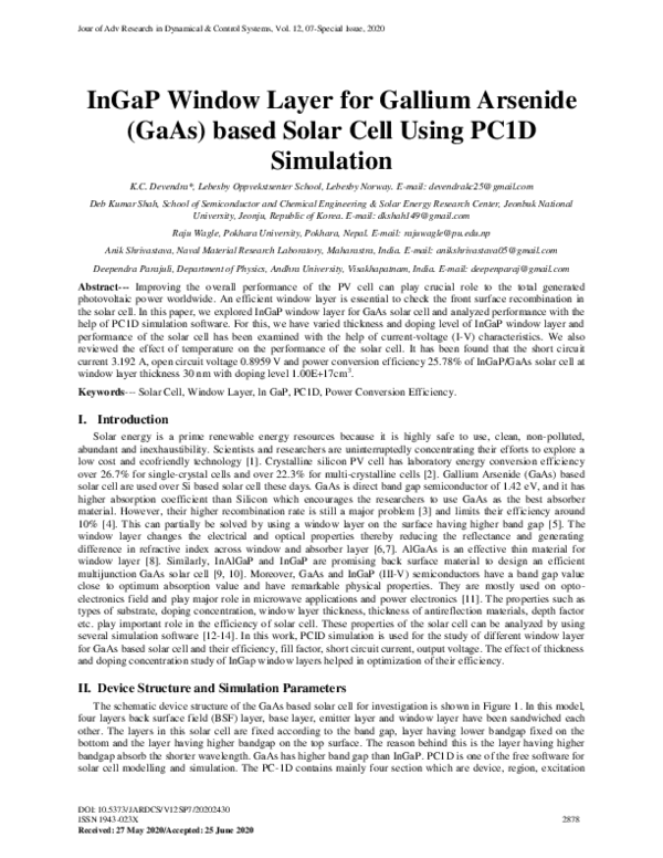 (PDF) InGaP Window Layer for Gallium Arsenide (GaAs) based Solar Cell Using PC1D Simulation