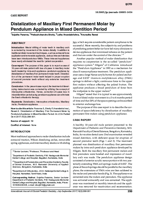Pdf Pendulum Appliance For Maxillary Molar Distalization
